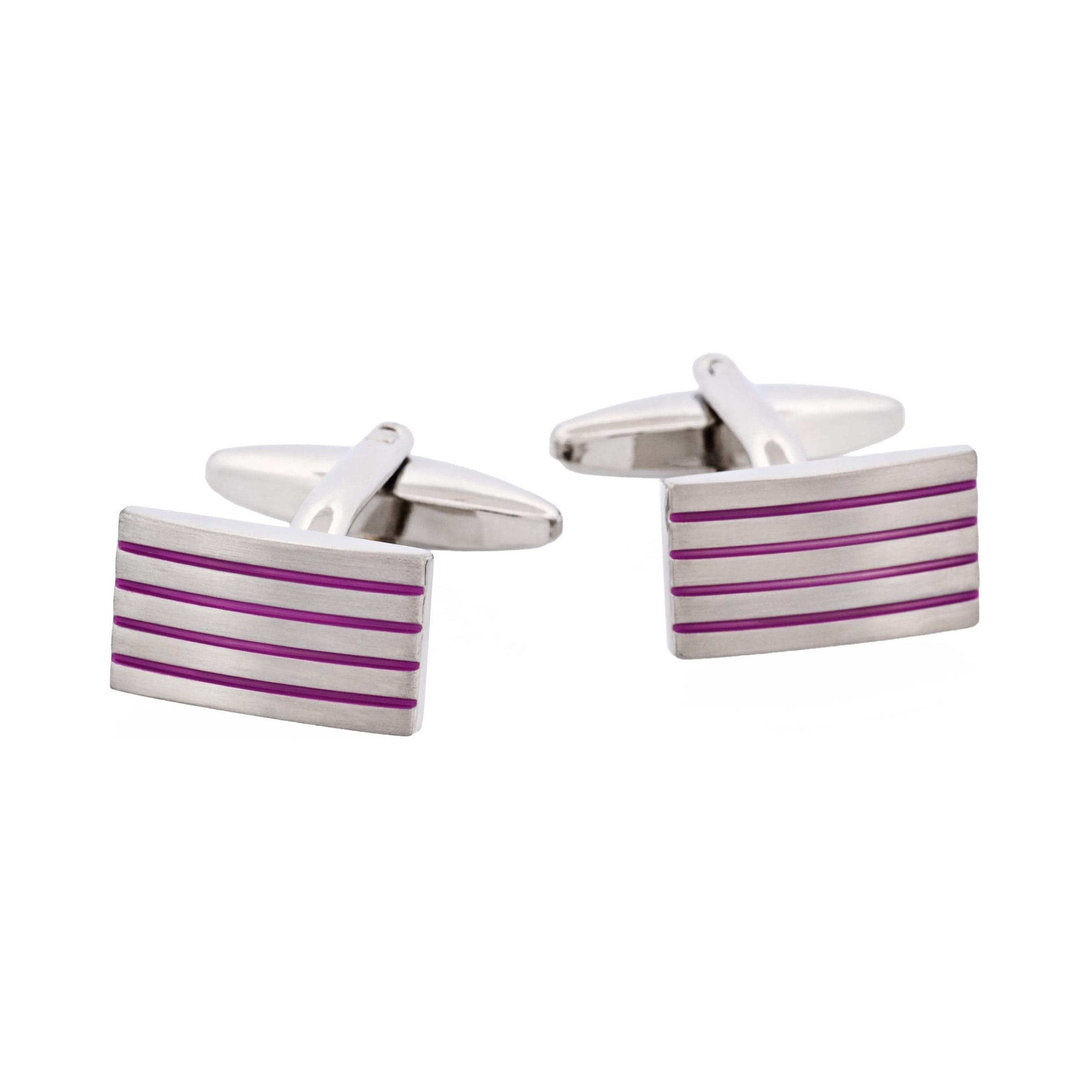 Brushed Rhodium Plated Rectangle Cufflinks with Fuchsia Striped Enamel ...