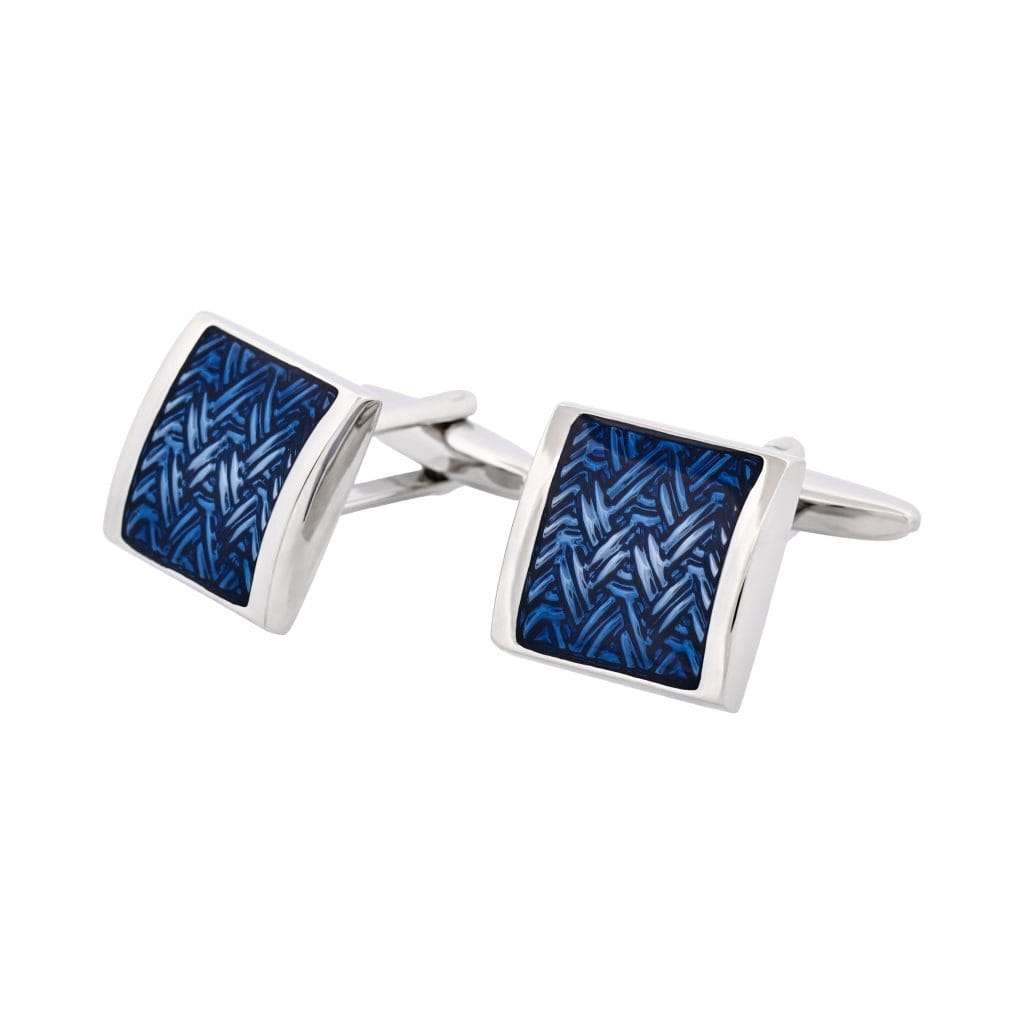 Rhodium Plated Midnight Blue Enamel Mesh Patterned Cufflinks | Cudworth