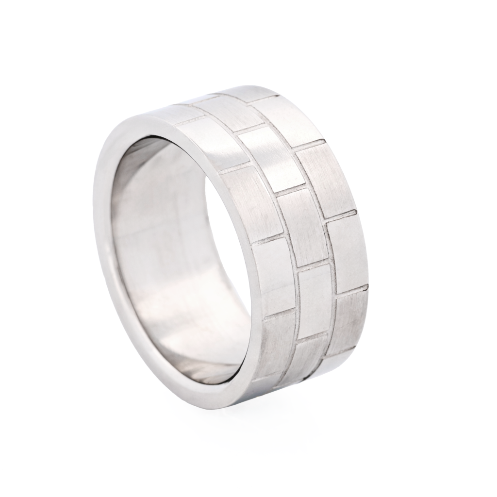 Brushed & Polished Stainless Steel Brick Pattern Ring | Cudworth